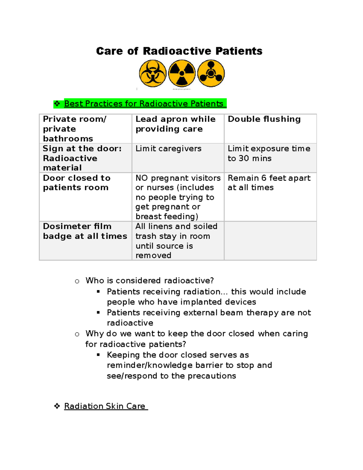 Care of Radioactive Patients - .. this would include people who have ...