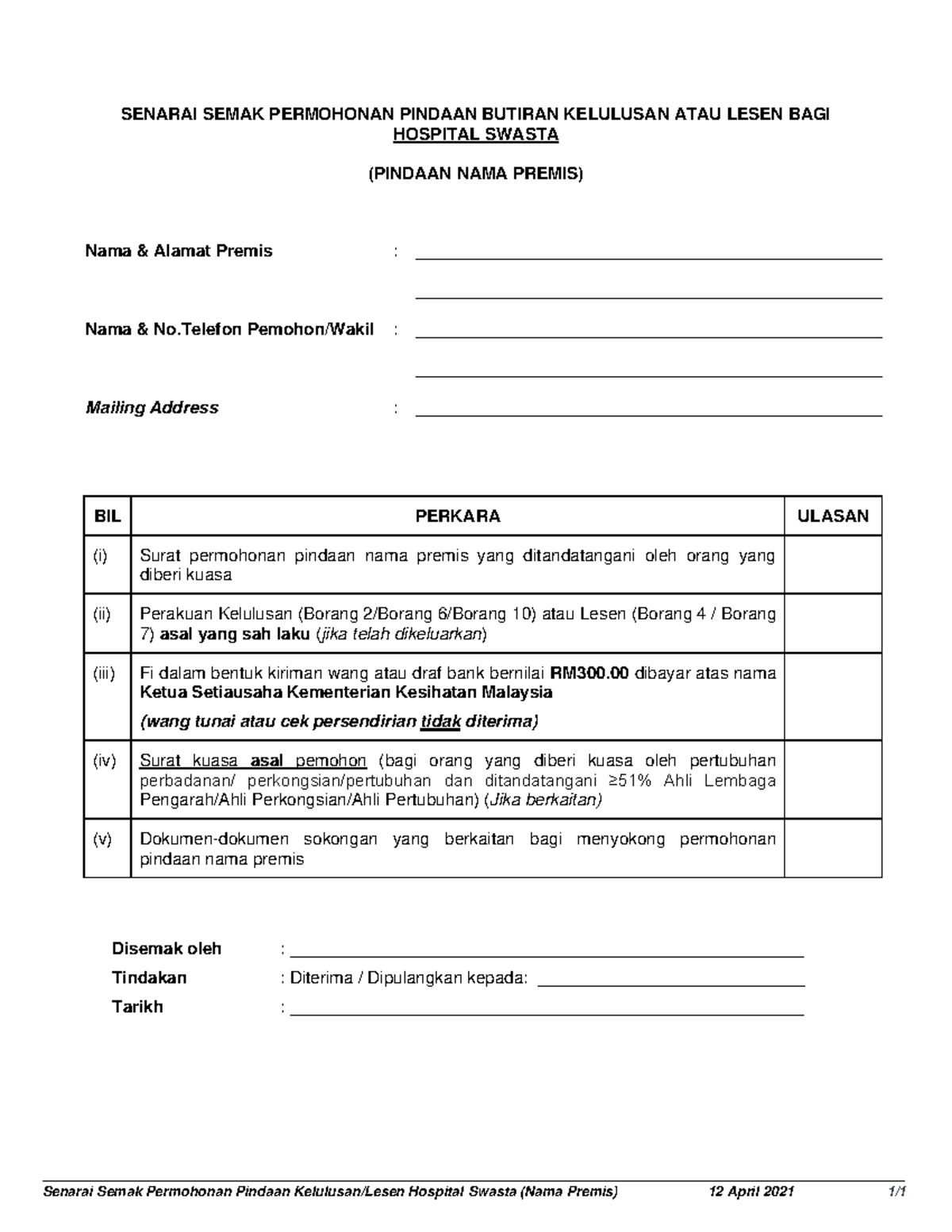 Checklist for Change of Hospital's Name - Senarai Semak Permohonan ...