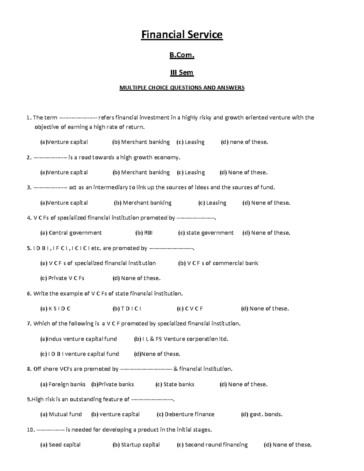 Financial Service B Com III Sem Multiple - Financial Service B. III Sem ...