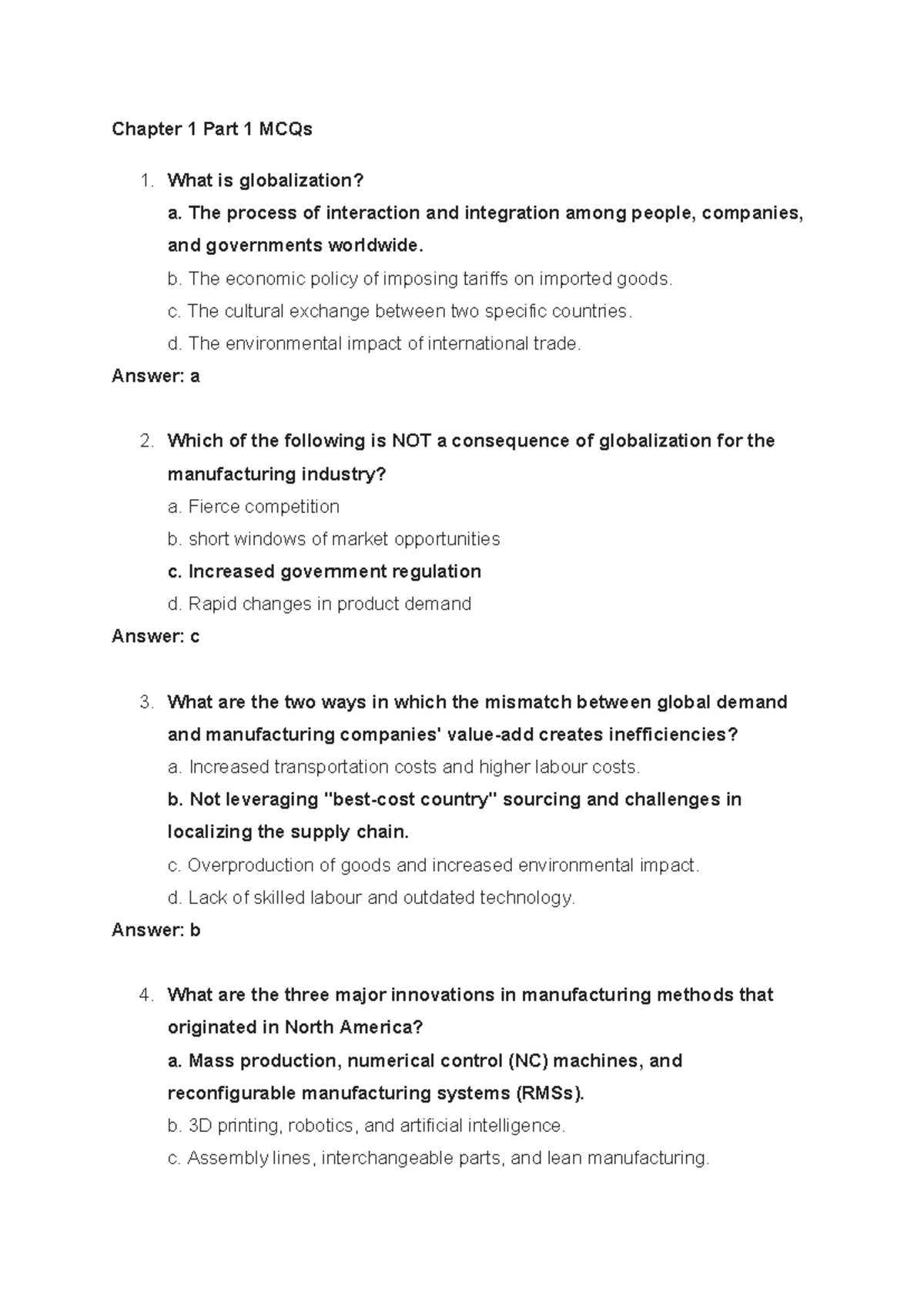 MID TERM Questions - Chapter 1 Part 1 MCQs 1. What is globalization? a ...