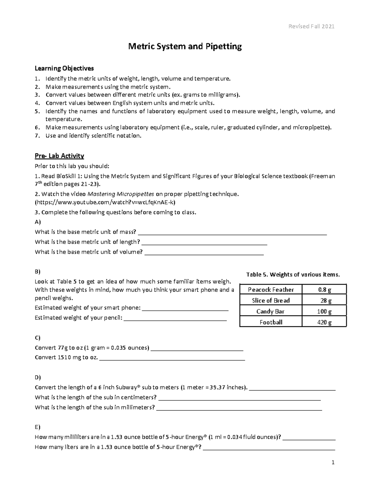 1107 Lab Metric System and Pipetting F21 - Metric System and Pipetting ...