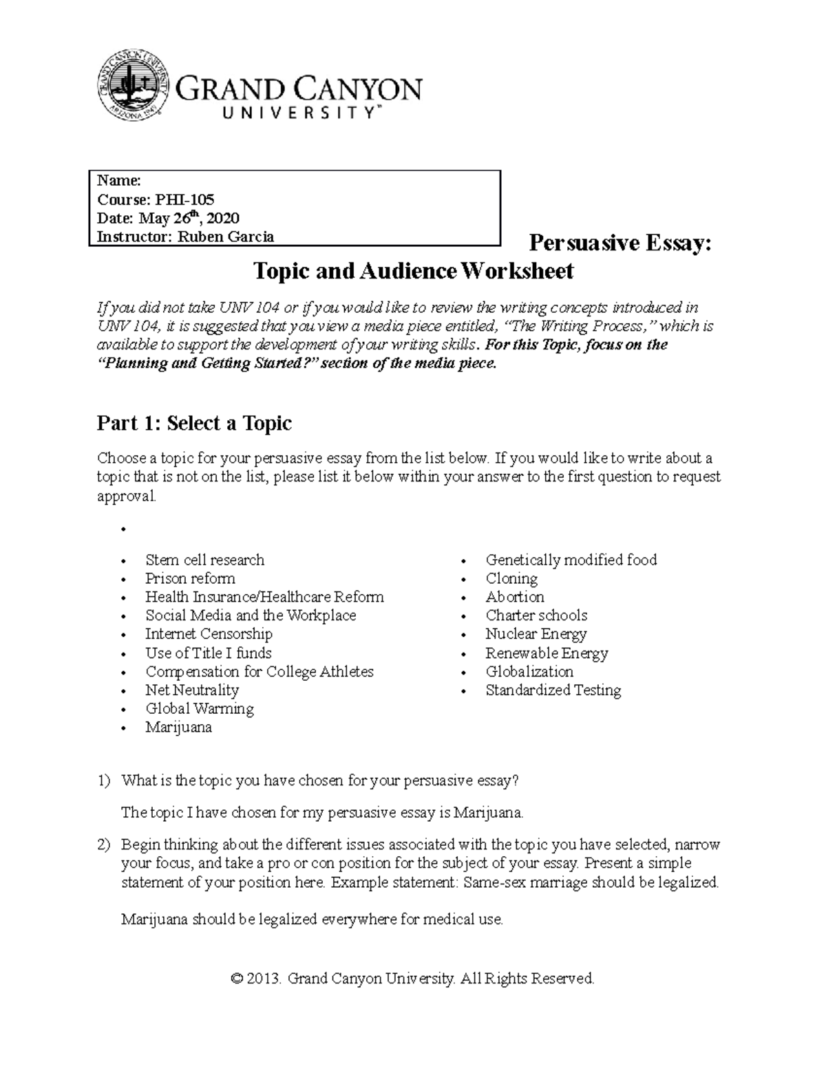 PHI-105 T-1 Persuasive Essay Topicand Audience Worksheet 7-10-17 ...