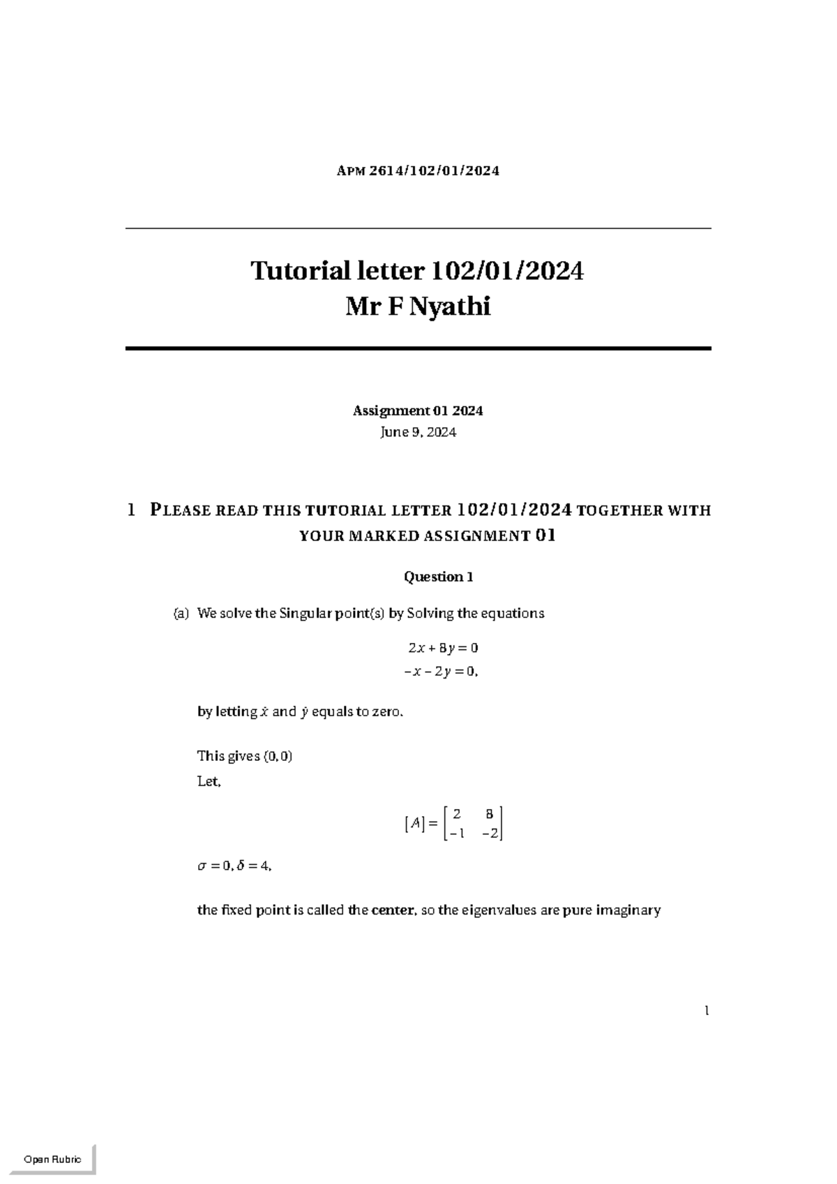 APM2614 Assignment 1 Solutions 2024[15723 ] - APM 2614/102/01/ Tutorial letter 102/01/ Mr F ...