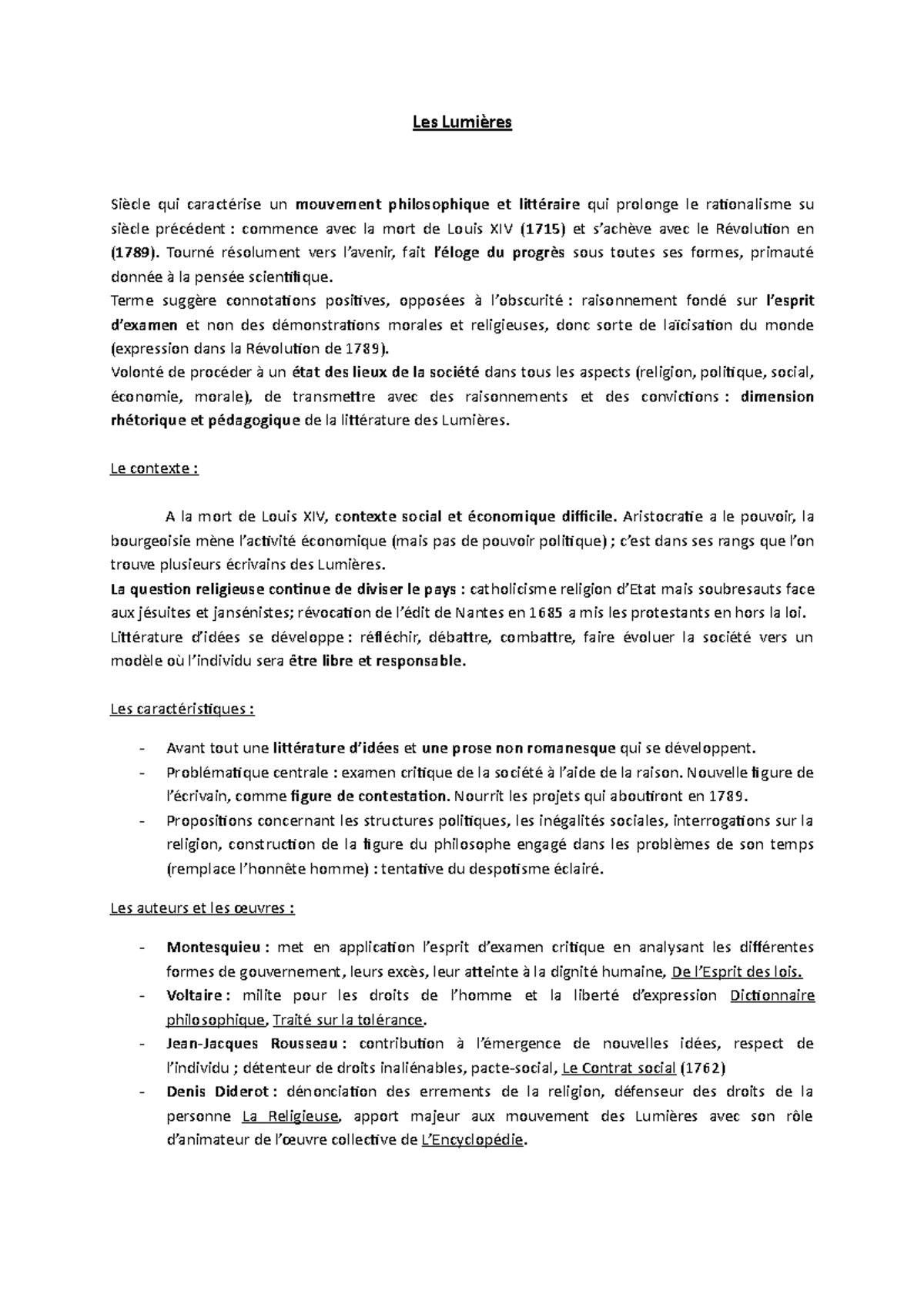 Fiche - Les Lumières - Les Lumières Siècle qui caractérise un mouvement ...