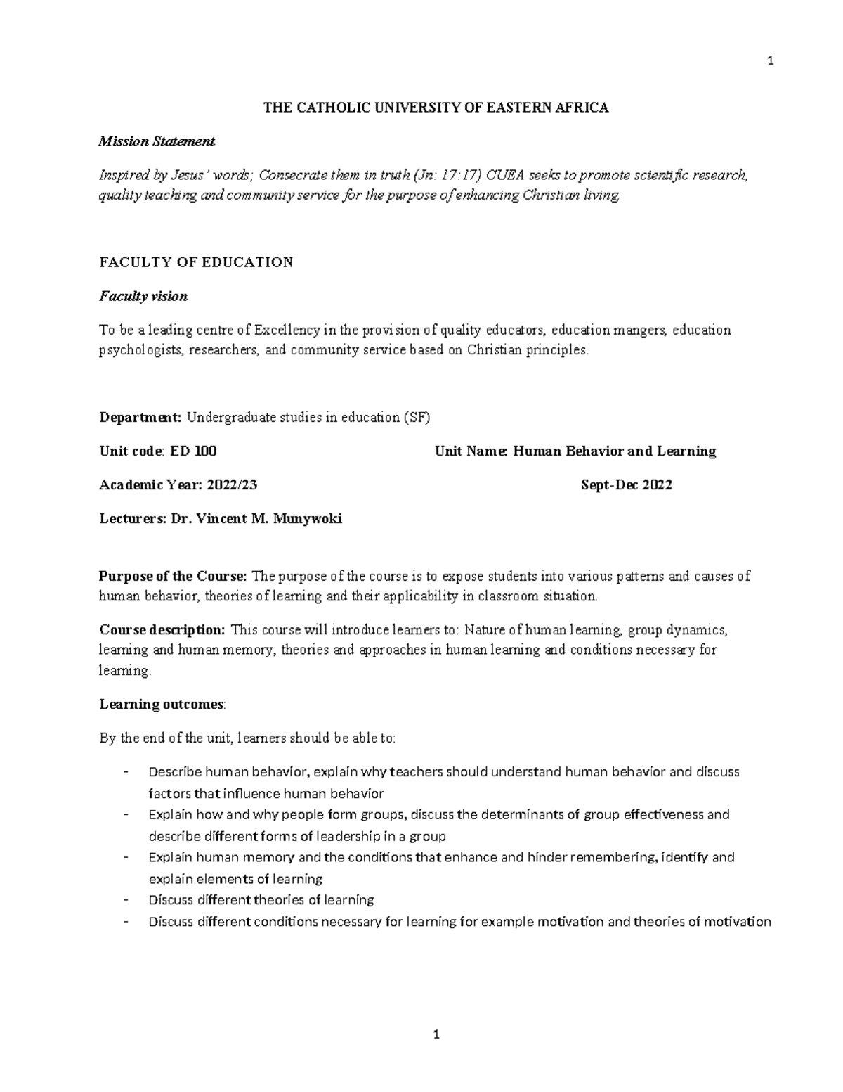 ED100 Human Behavior and Learning Course outline - THE CATHOLIC ...