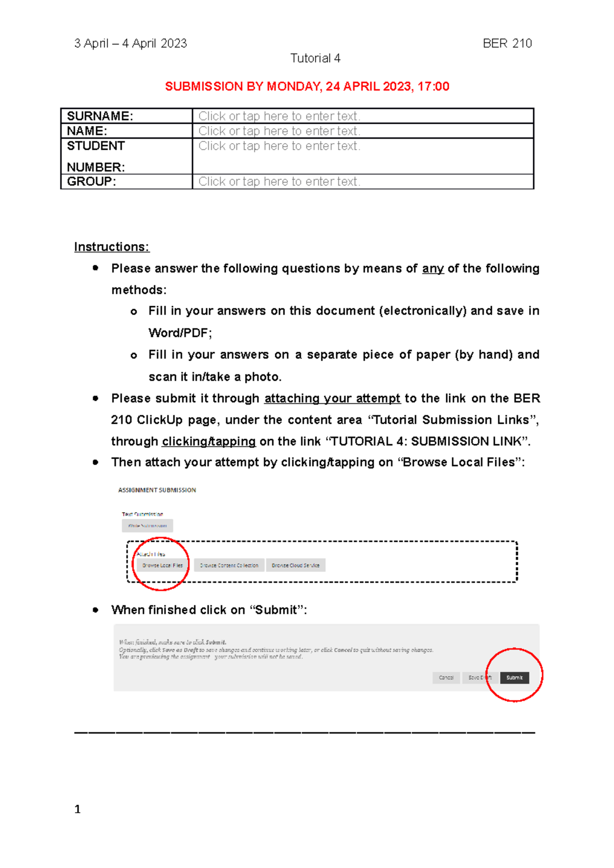 Tutorial 4 2023 - Tutorial 4 SUBMISSION BY MONDAY, 24 APRIL 2023, 17 ...