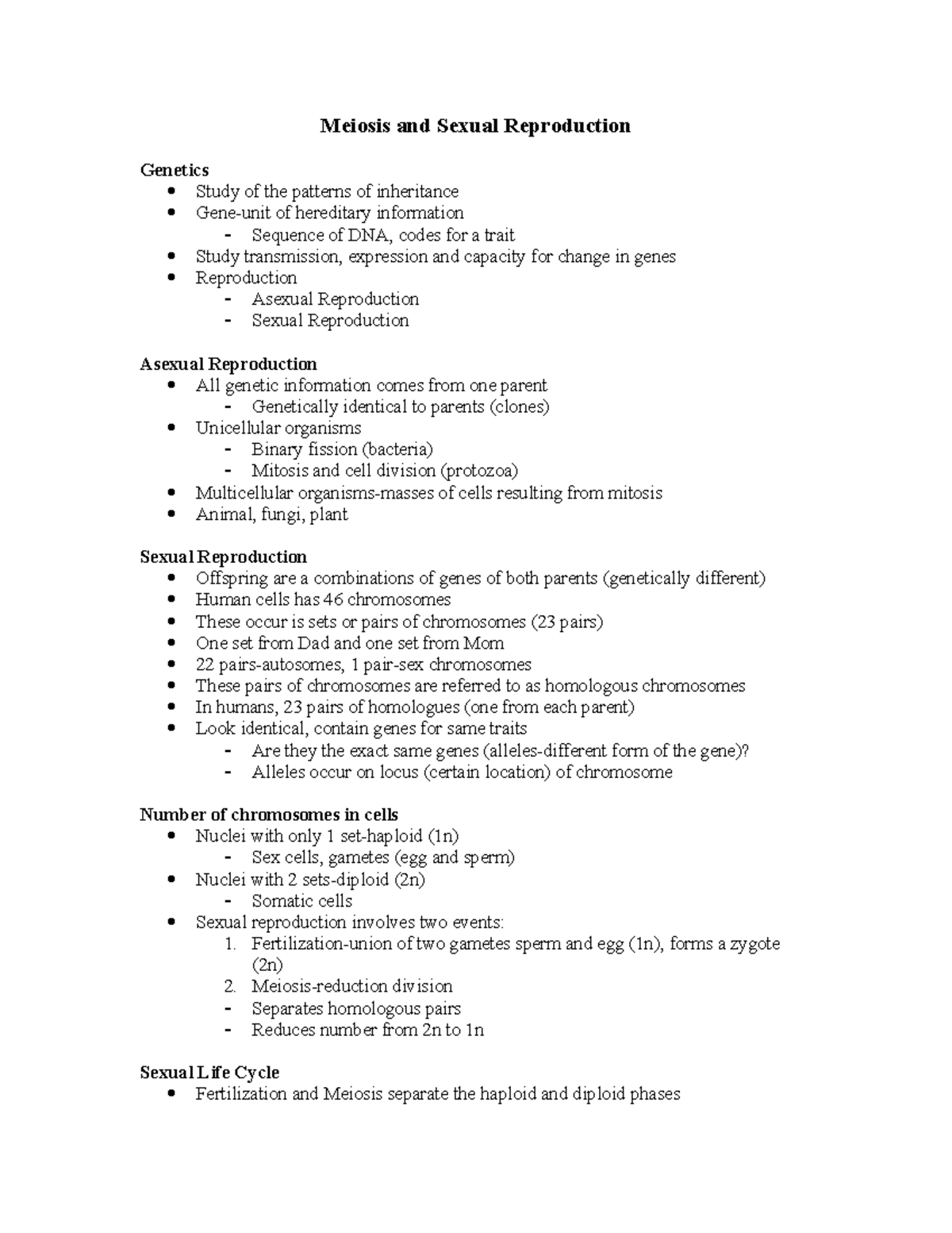 Biology Ch. 13 - Lecture notes from BSC 110H - Meiosis and Sexual ...