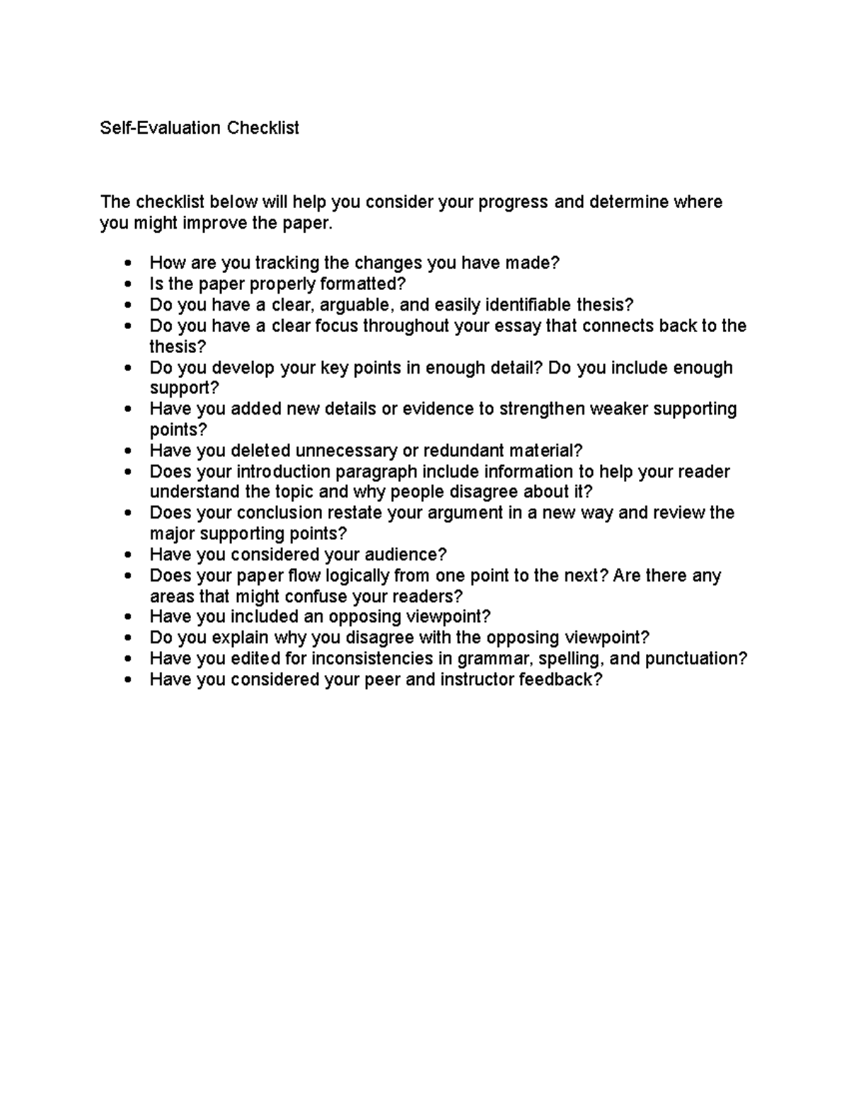 Self-evaluation Checklist - Self-Evaluation Checklist The checklist ...