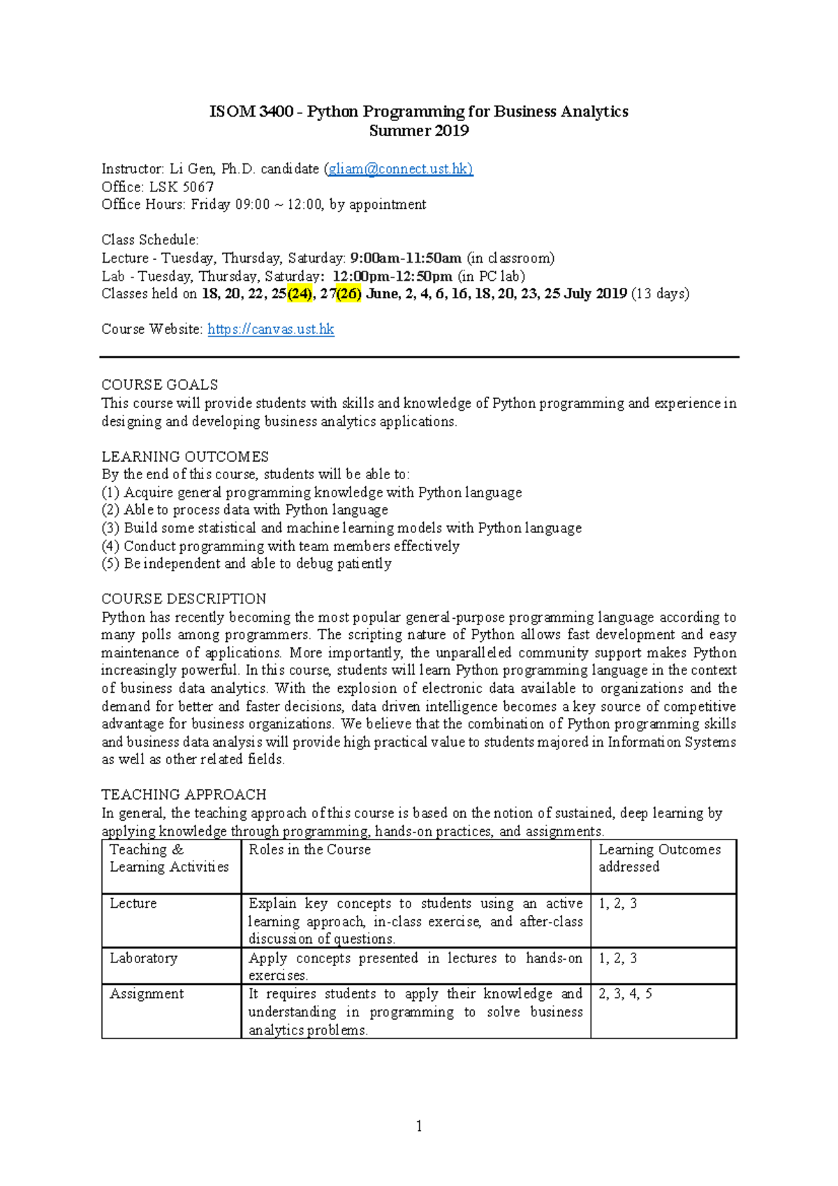 Isom3400 syllabus updated - ISOM 3400 - Python Programming for Business ...