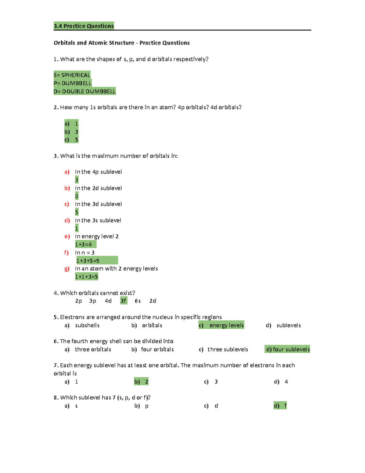 3.4 Chemistry work sheet - 3 Practice Questions Orbitals and Atomic ...