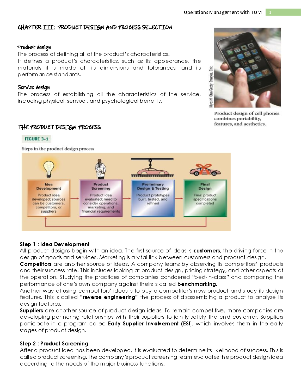3 - TQM - CHAPTER III: PRODUCT DESIGN AND PROCESS SELECTION Product design The process of ...