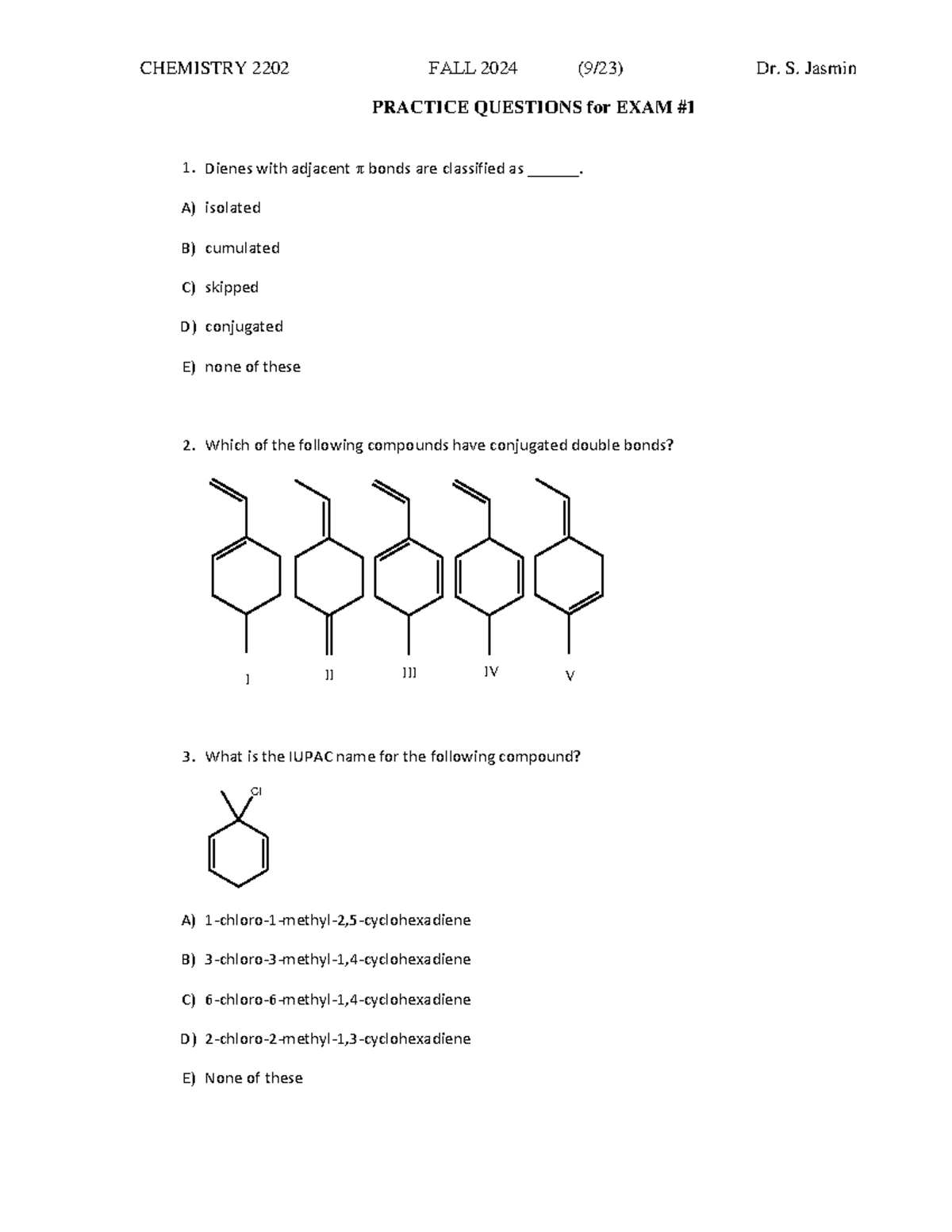 chem practice exam 1 - CHEMISTRY 2202 FALL 2024 ( 9 / 2 3) Dr. S. Jasmin PRACTICE QUESTIONS for ...