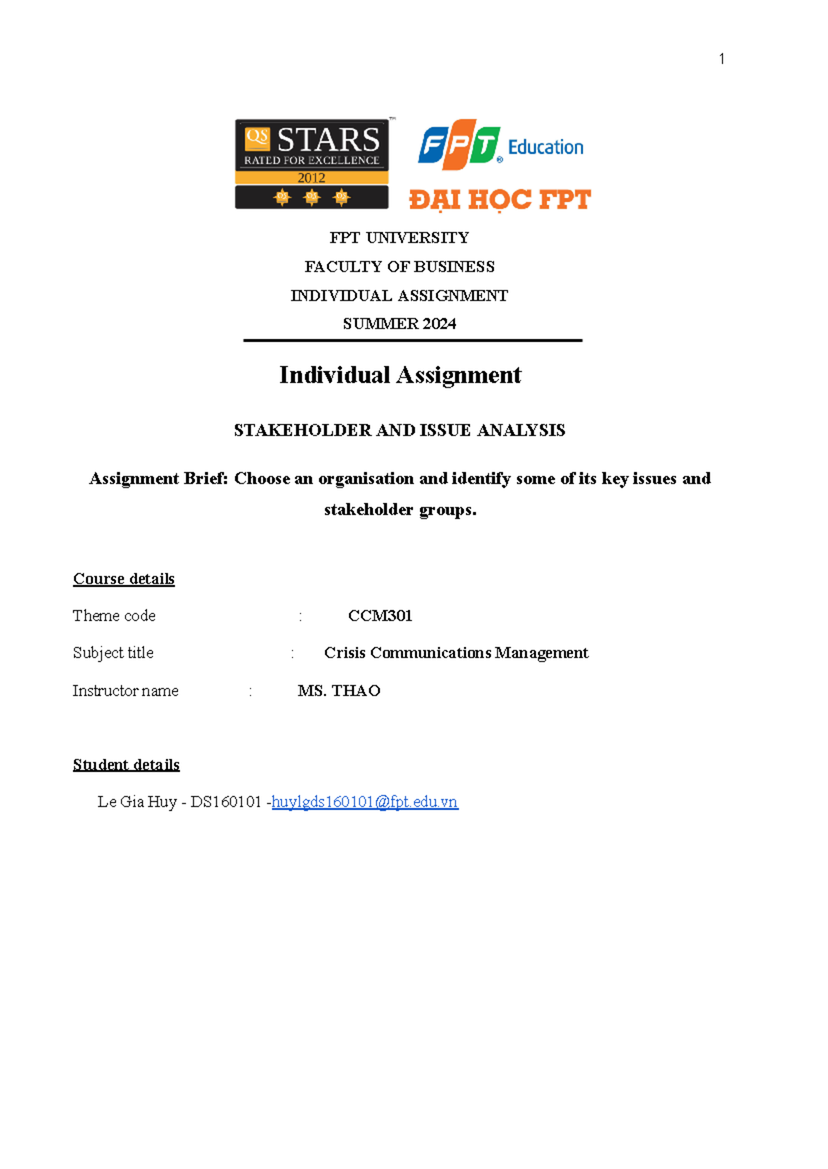 Individual Assignment STAKEHOLDER AND ISSUE ANALYSIS - FPT UNIVERSITY ...