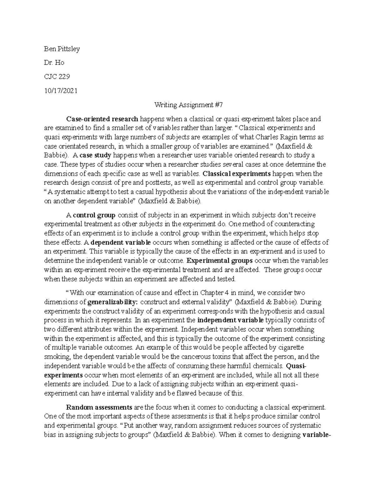 Writing assignment 7 research methods - Ben Pittsley Dr. Ho CJC 229 10 ...
