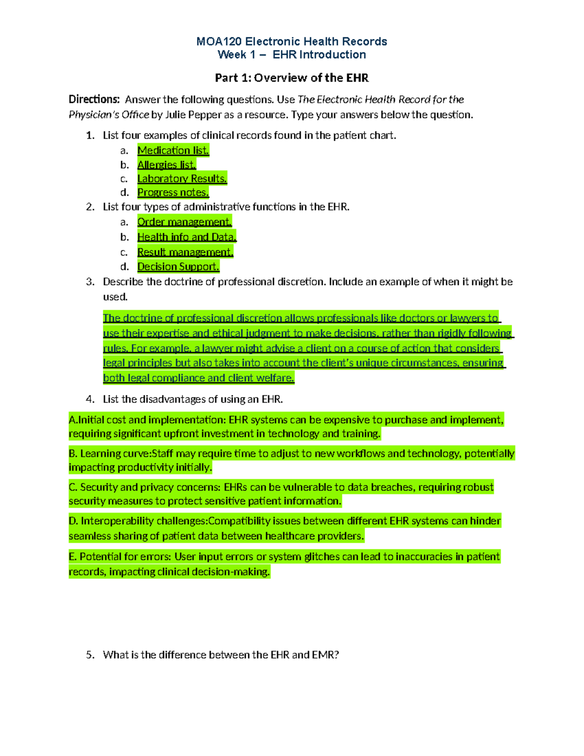 Wk1Assignment(1) DONE - Week 1 – EHR Introduction Part 1: Overview of ...