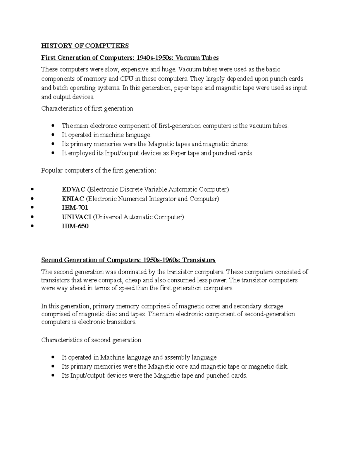 Notes history of computers - HISTORY OF COMPUTERS First Generation of ...