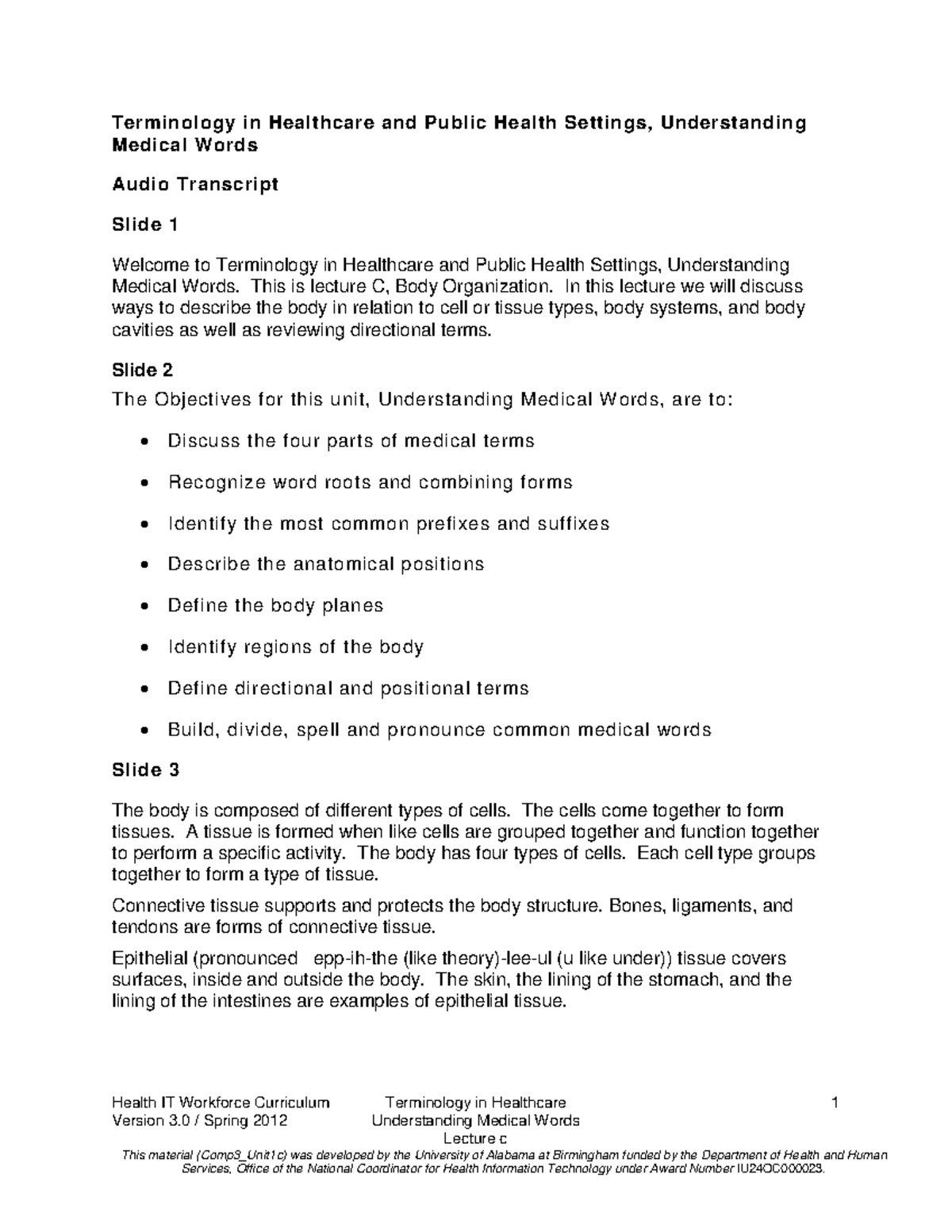 Lecture C Audio Transcript - Health IT Workforce Curriculum Terminology ...