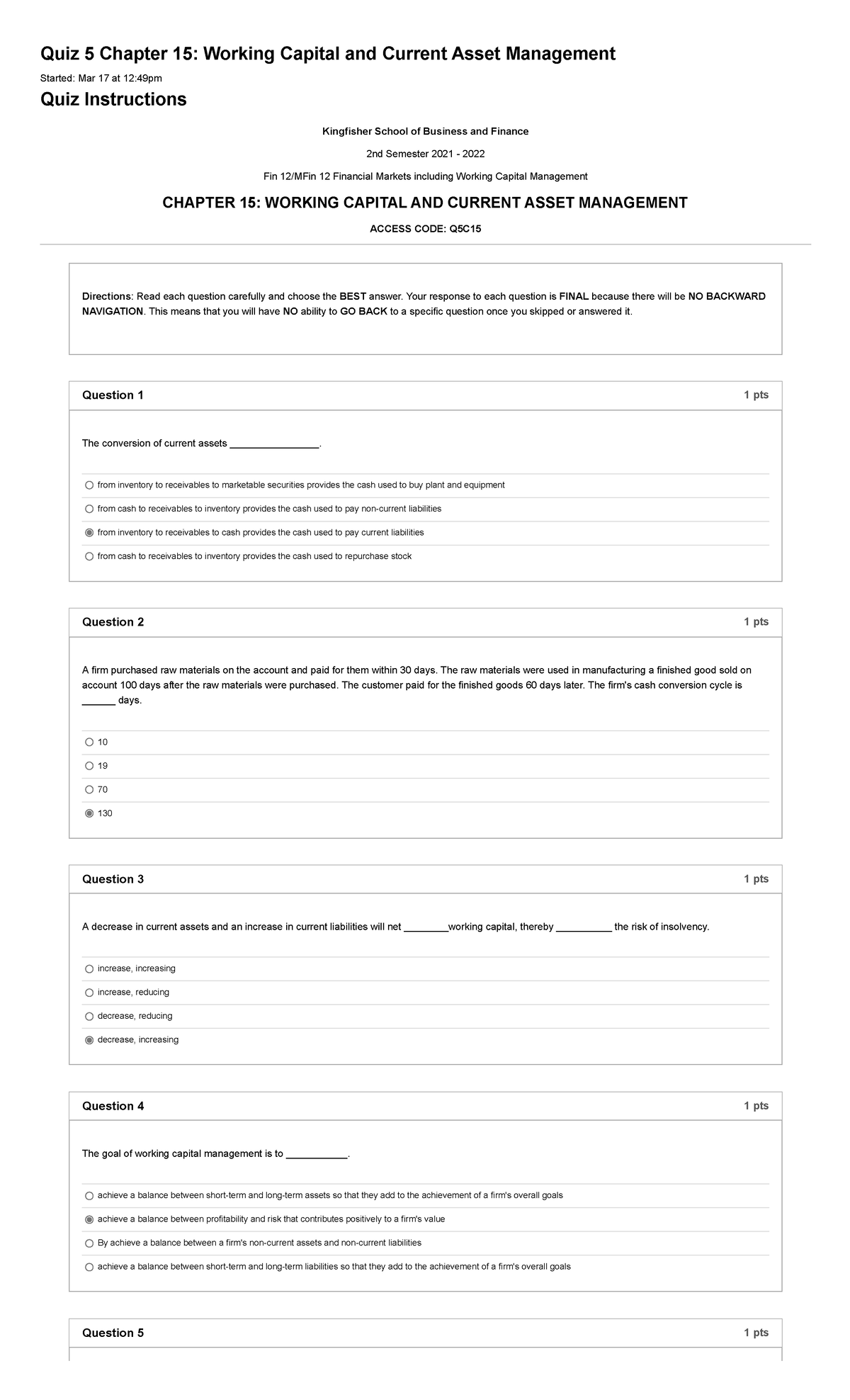 Quiz -Quiz-5-Chapter-15 -Working-Capital-and-Current-Asset-Management - Quiz 5 Chapter 15 ...