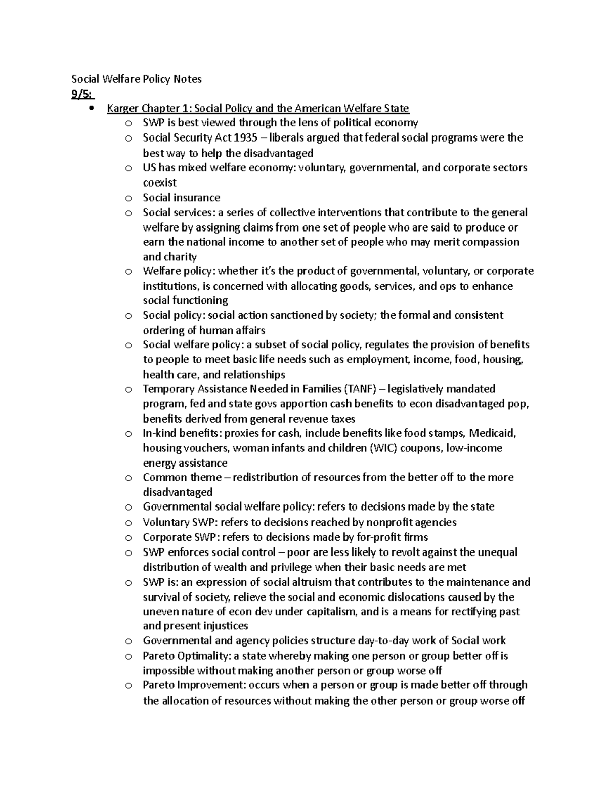 T6801. Social Welfare Policy Notes - Social Welfare Policy Notes 9/5 ...