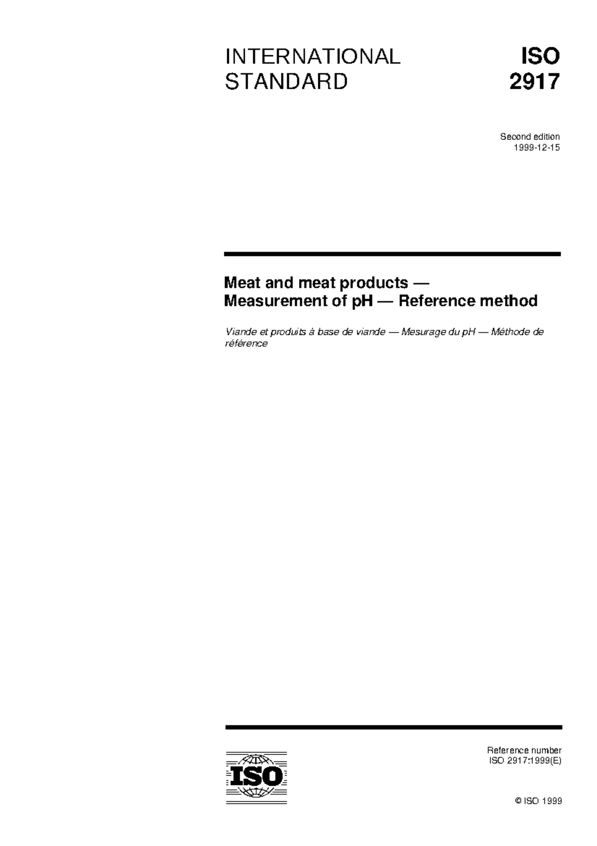 ISO 2917-1999 - Meat and meat products - Measurement of p H - Reference ...