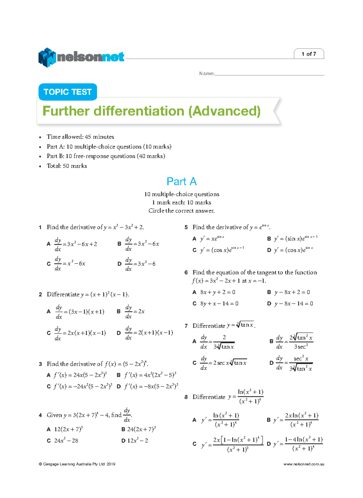 Further Differentiation Topic Test - Name: Further differentiation ...