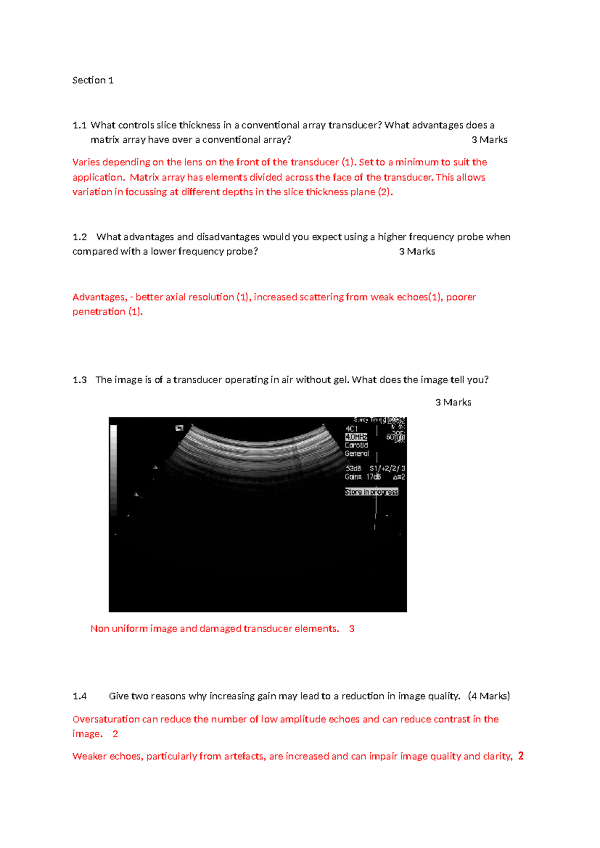Mock exam answers - Section 1 1 What controls slice thickness in a conventional array transducer ...