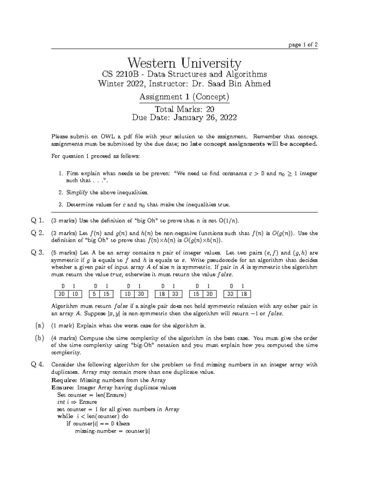 Assignment 1 Practise Page 1 Of 2 Western University Cs 2210b Data Structures And