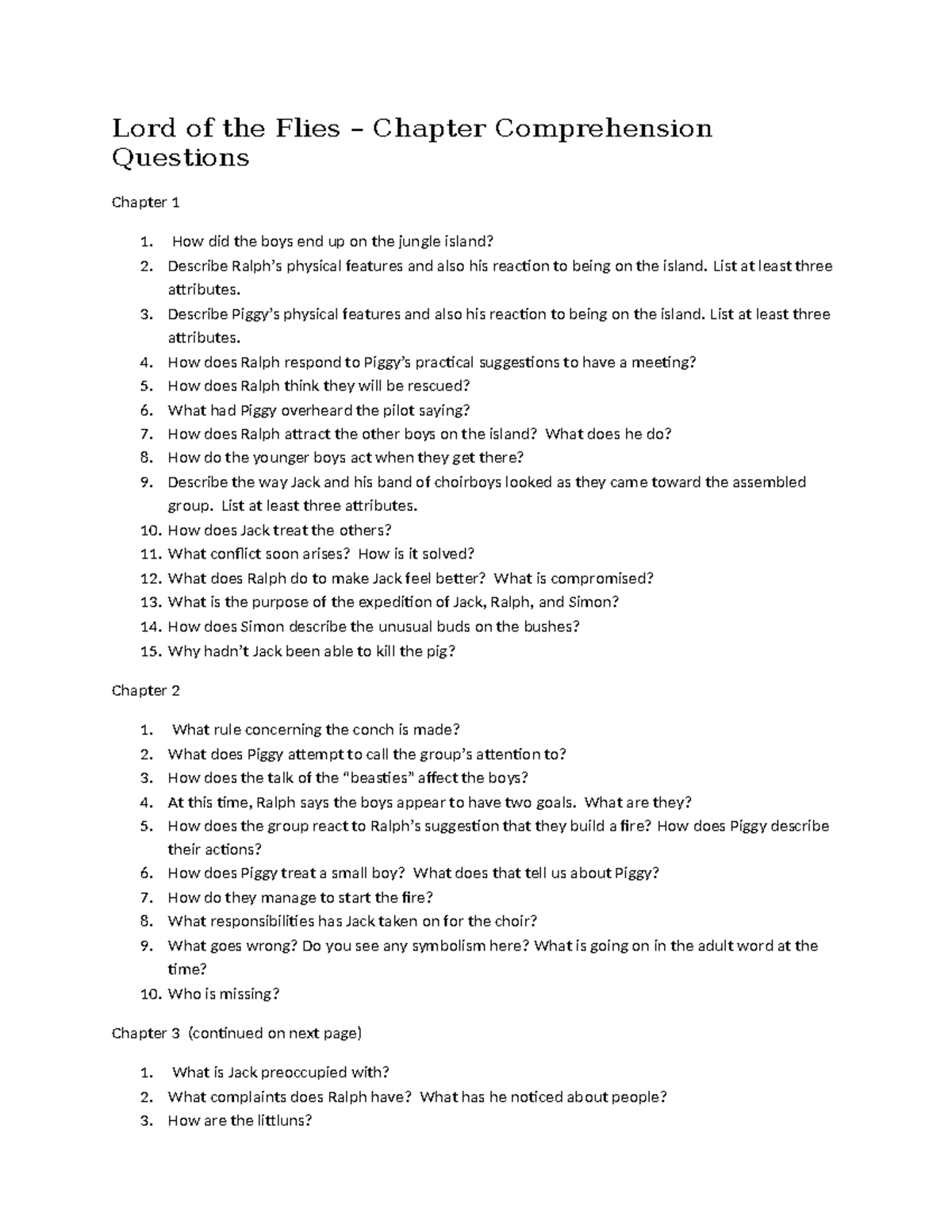 Lord of the flies chapter comprehension questions - Lord of the Flies ...