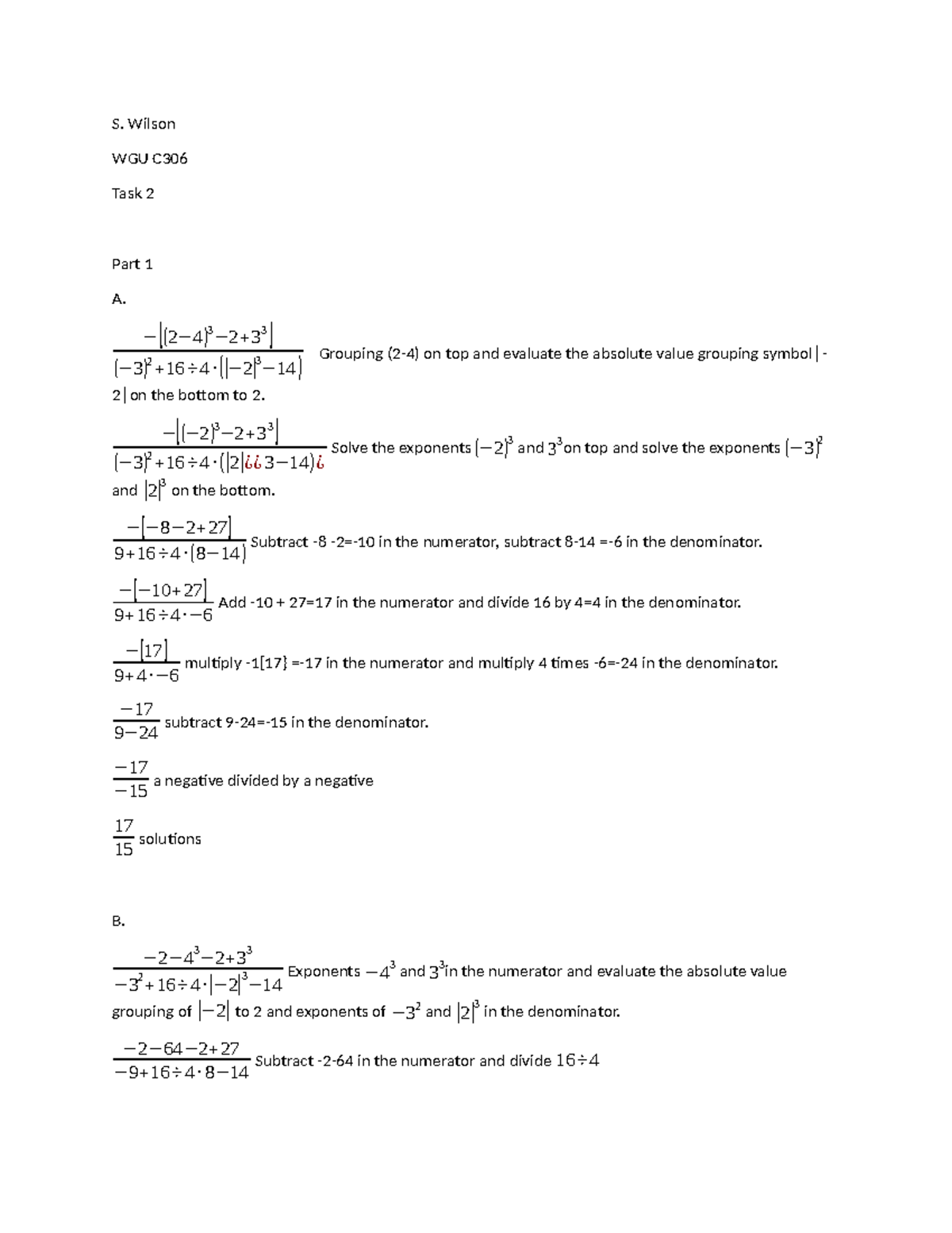 WGU C306 Task2 S. Wilson - S. Wilson WGU C Task 2 Part 1 A. − [ ( 2 − 4 ...