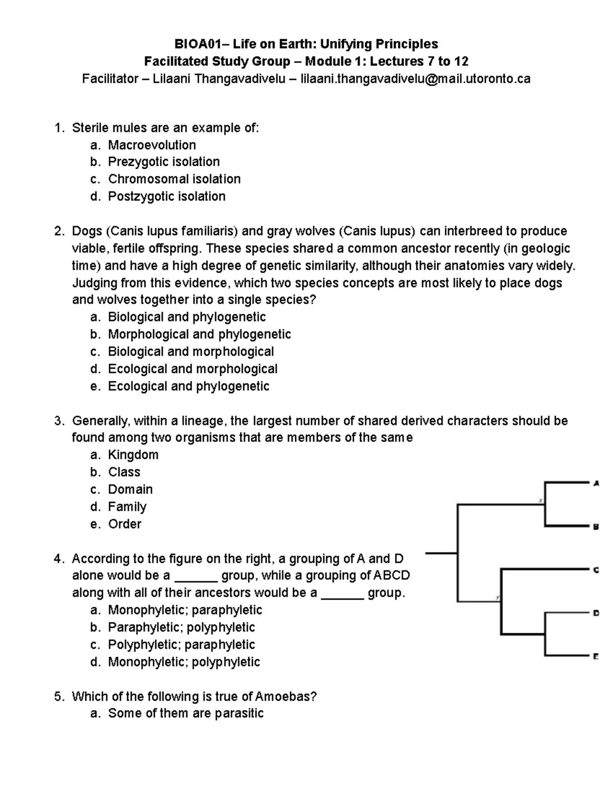 Midterm BIOA01 Lecture 7-12 Review - Facilitated Study Group – Module 1 ...