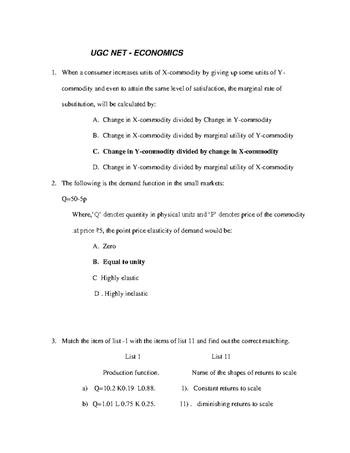 Economics - UGC NET - ECONOMICS When a consumer increases units of X ...