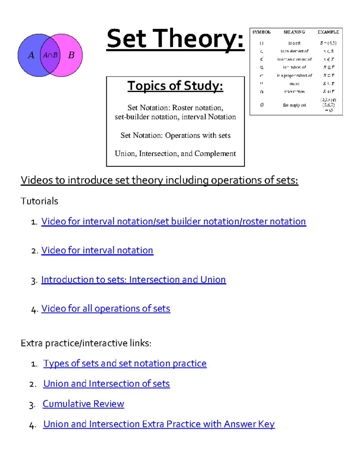Integrated Algebra Set Theory Packet 13 - Set Theory: Videos to ...