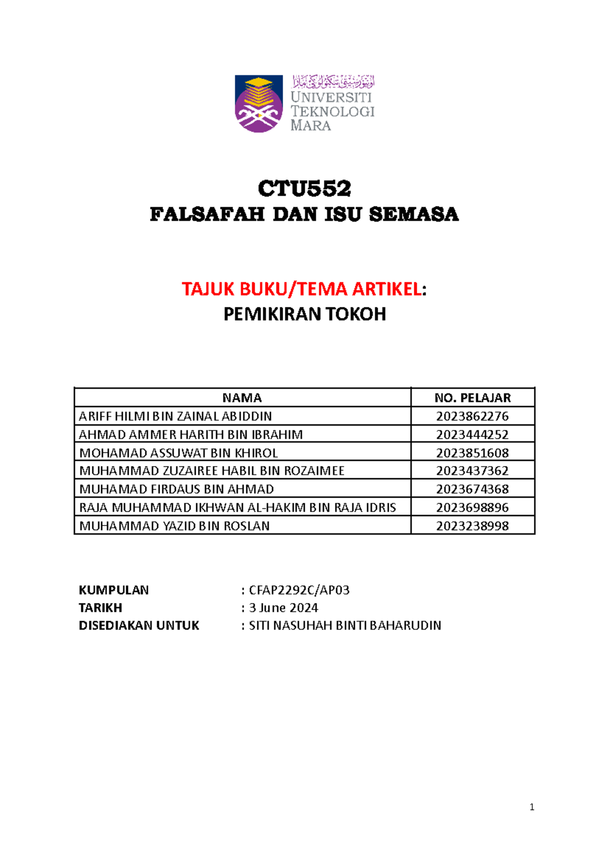 Group Assignment CTU552 ( Ulasan Artikel) Pemikiran Tokoh - CTU FALSAFAH DAN ISU SEMASA TAJUK ...
