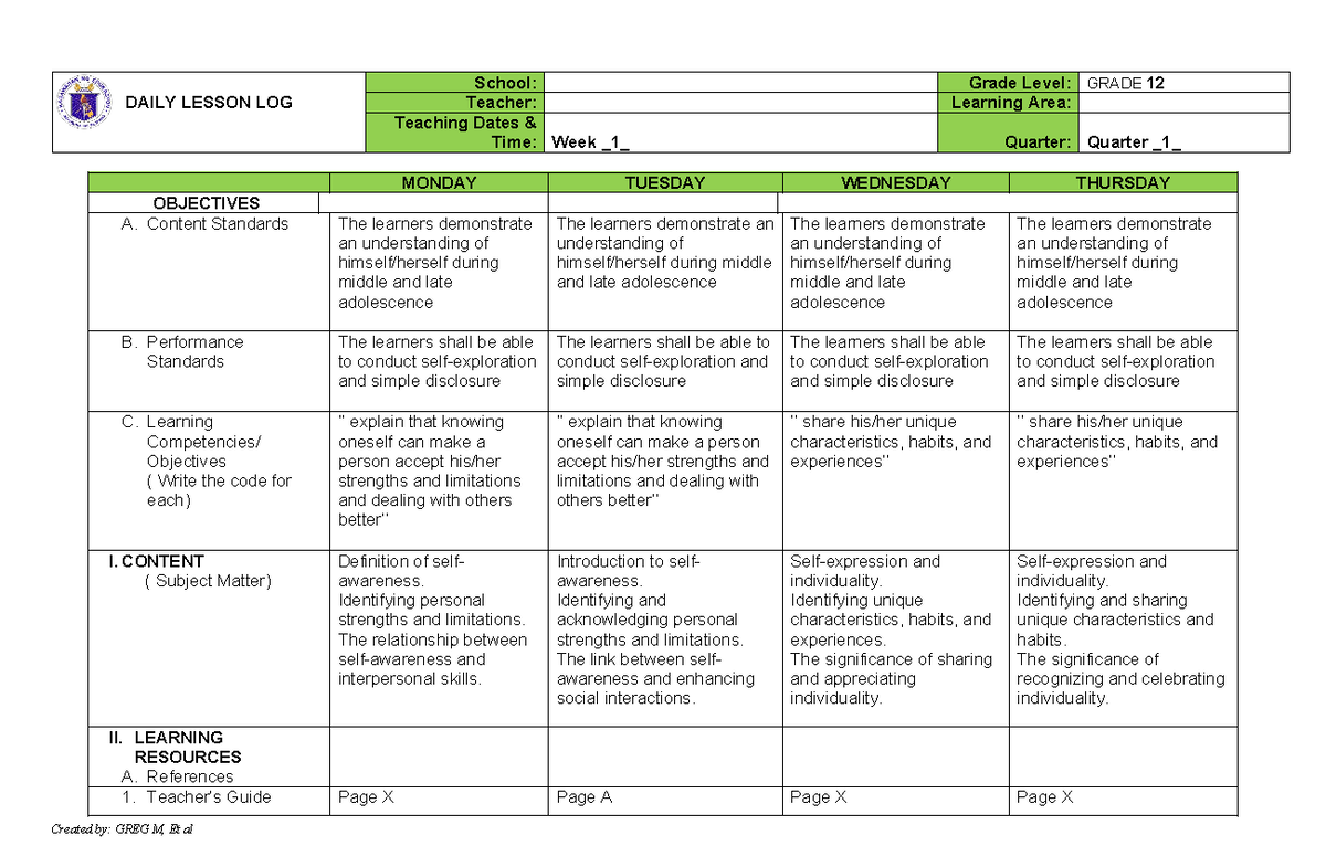 Personal.DEV - dll - DAILY LESSON LOG School: Grade Level: GRADE 12 ...