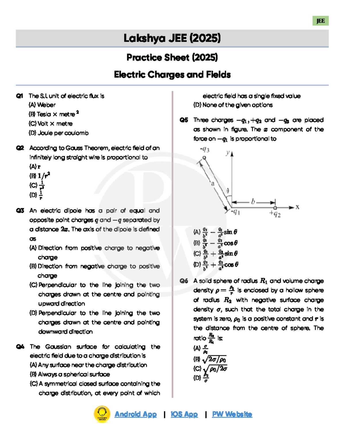 Electric Charges and Fields Practice Sheet Lakshya JEE 2025 - Lakshya JEE (2025) Q 1 The S. unit ...