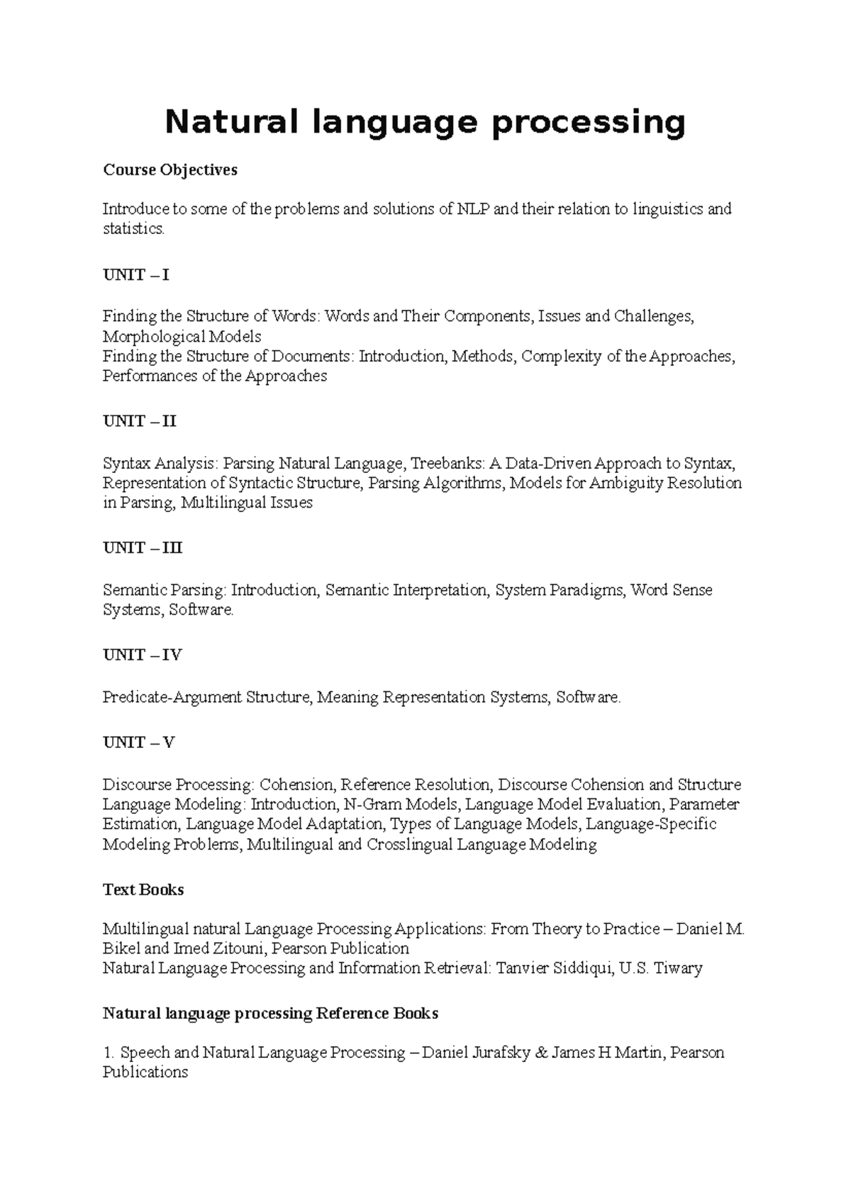 Natural language processing Syllabus - Natural language processing ...