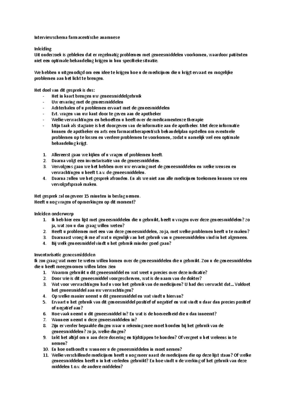Nieuw interview - Interviewschema farmaceutische anamnese Inleiding Uit ...