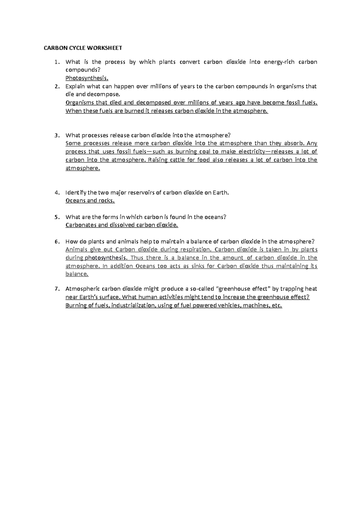 Carbon Cycle Worksheet - CARBON CYCLE WORKSHEET What is the process by ...