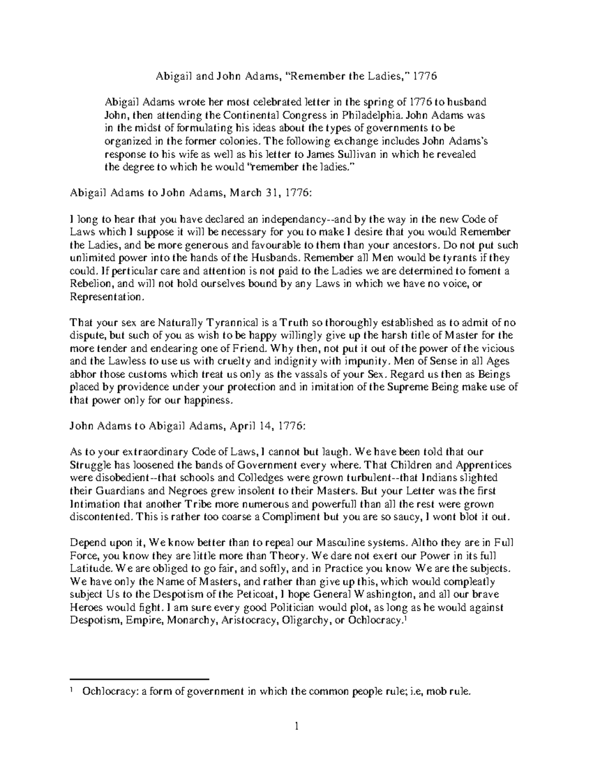 1776Adams Exchange (1) - 1 Abigail and John Adams, “Remember the Ladies ...