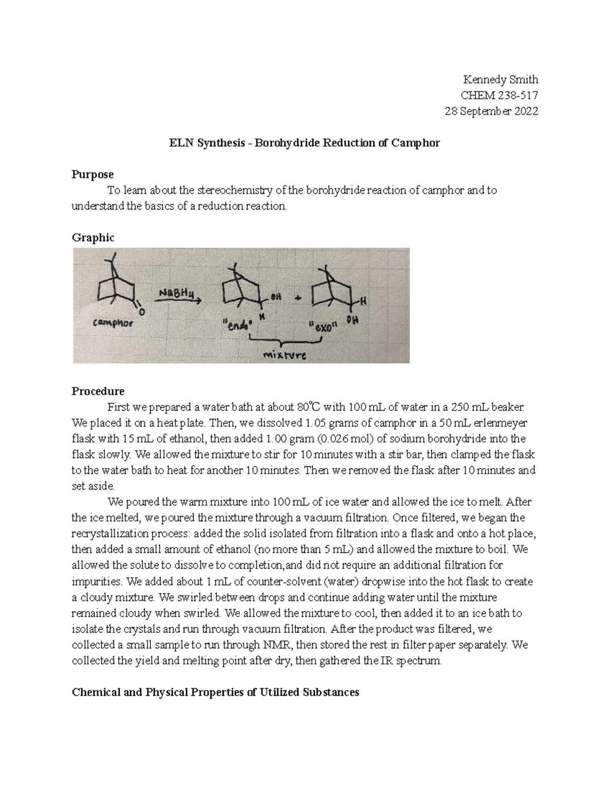 ELN Synthesis - Borohydride Reduction of Camphor - Kennedy Smith CHEM ...