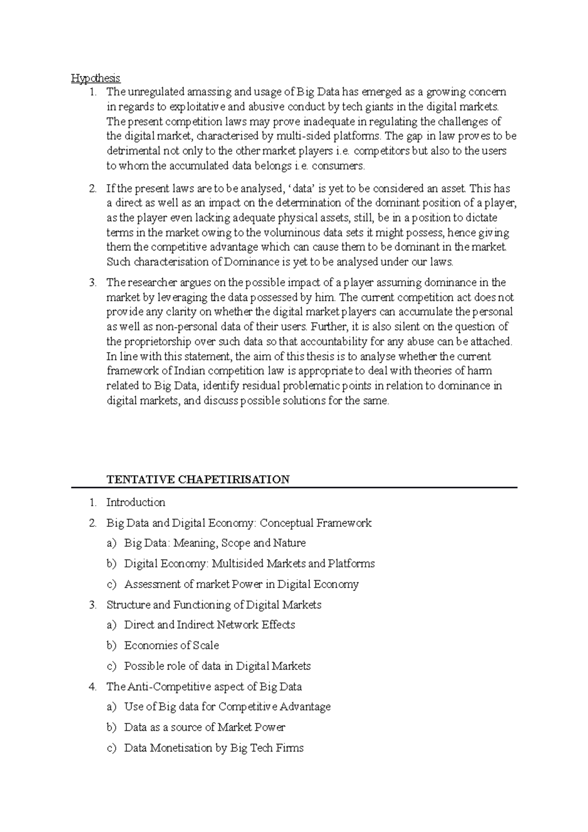 Hypothesis and tentaive chapterisation - Hypothesis 1. The unregulated ...