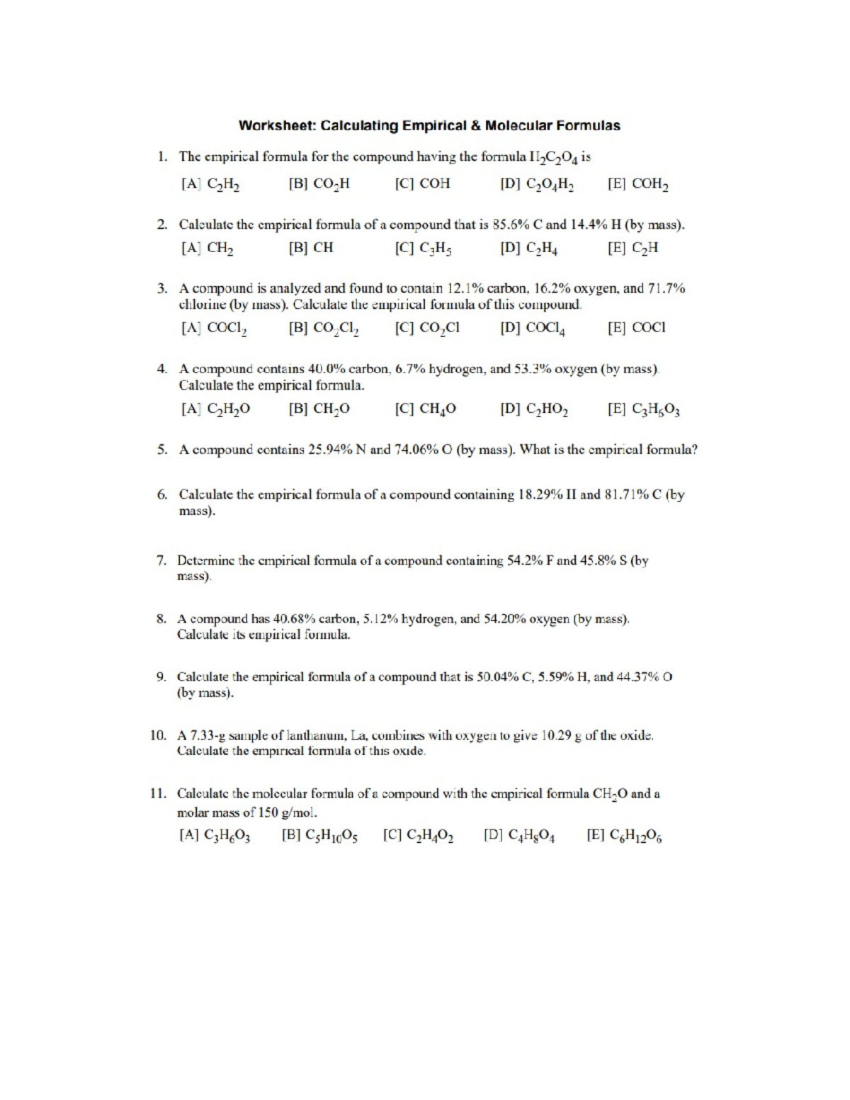 Empirical and Molecular Formula calculations with answers - Worksheet ...