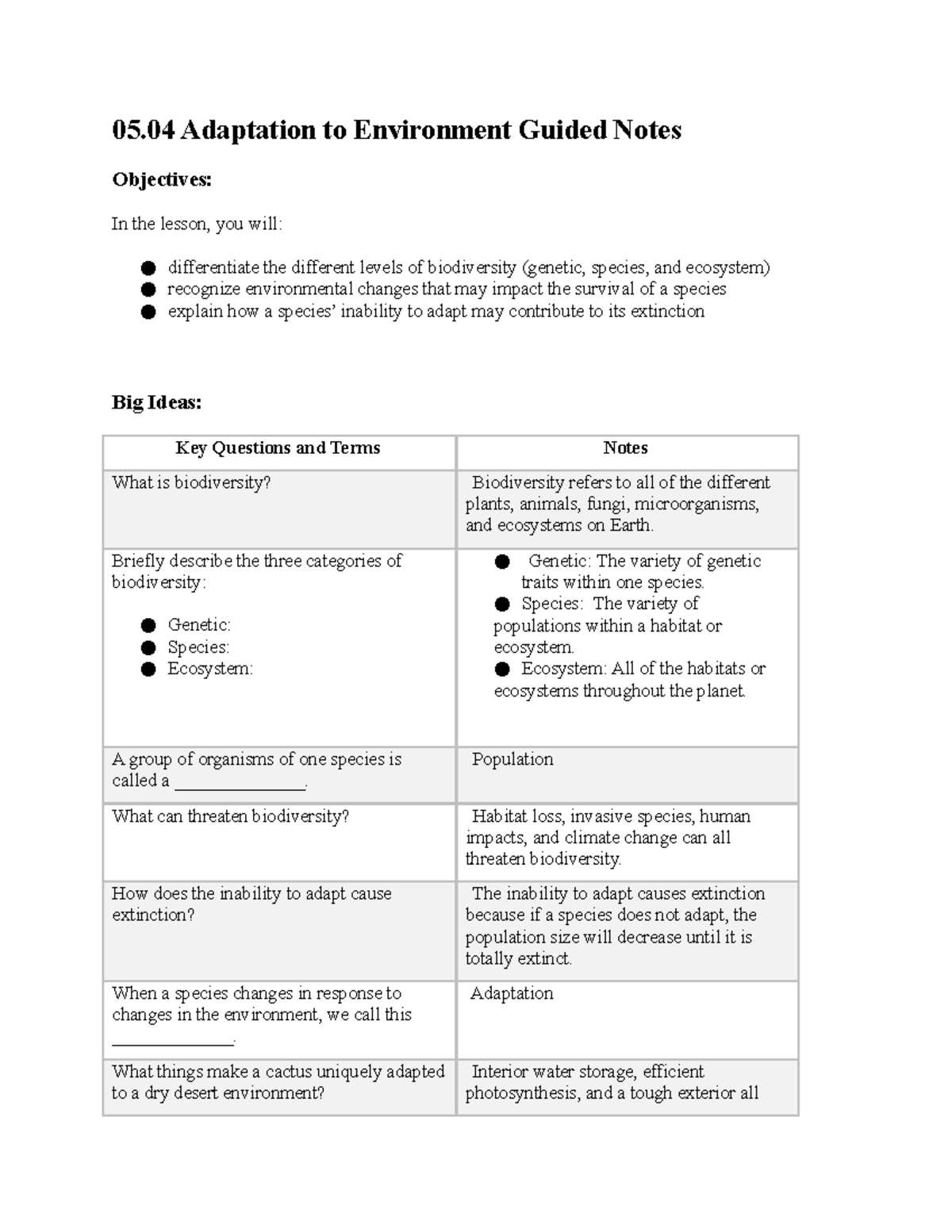 05 04 notes - 05 Adaptation to Environment Guided Notes Objectives: In ...