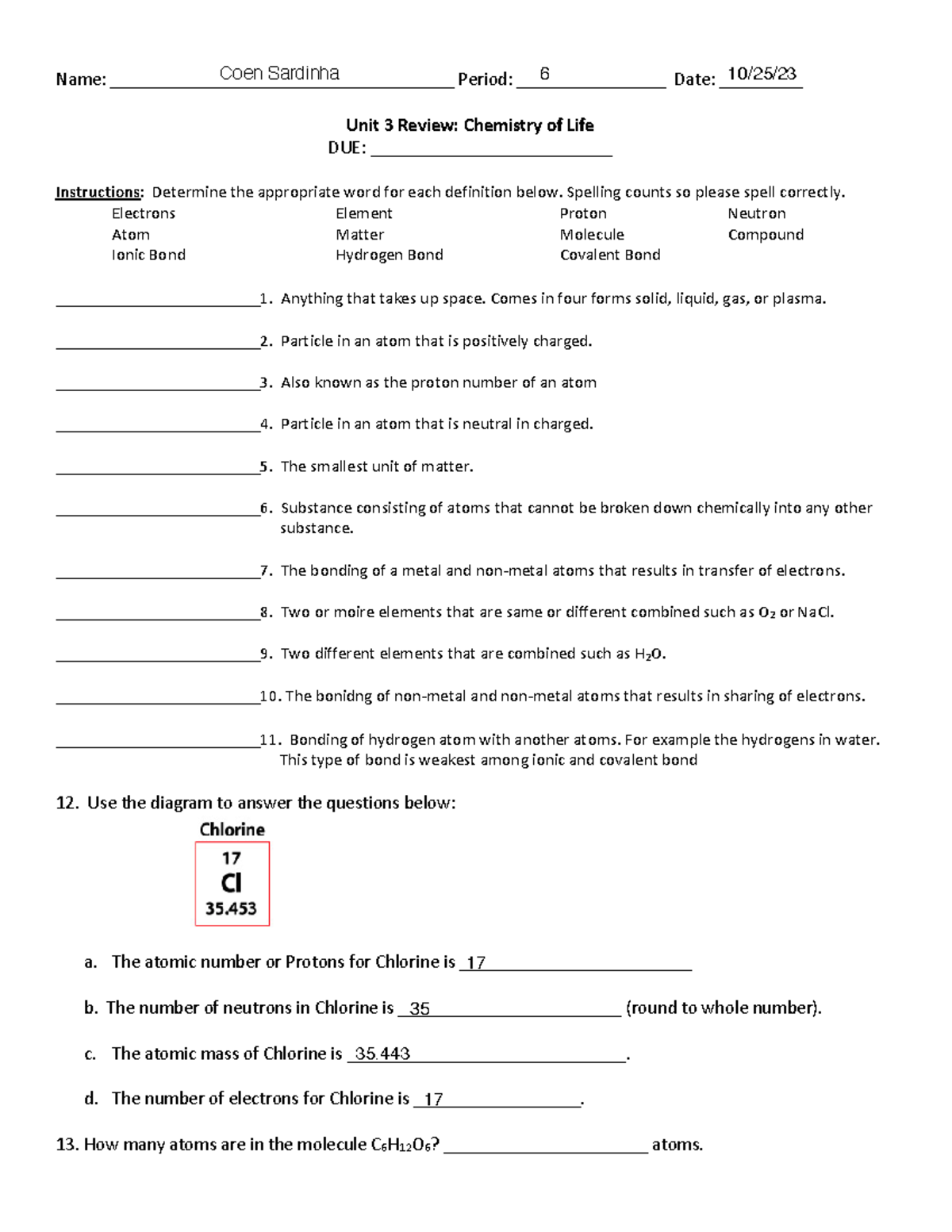 Unit 3 Review Chemistry of Life - Name ...