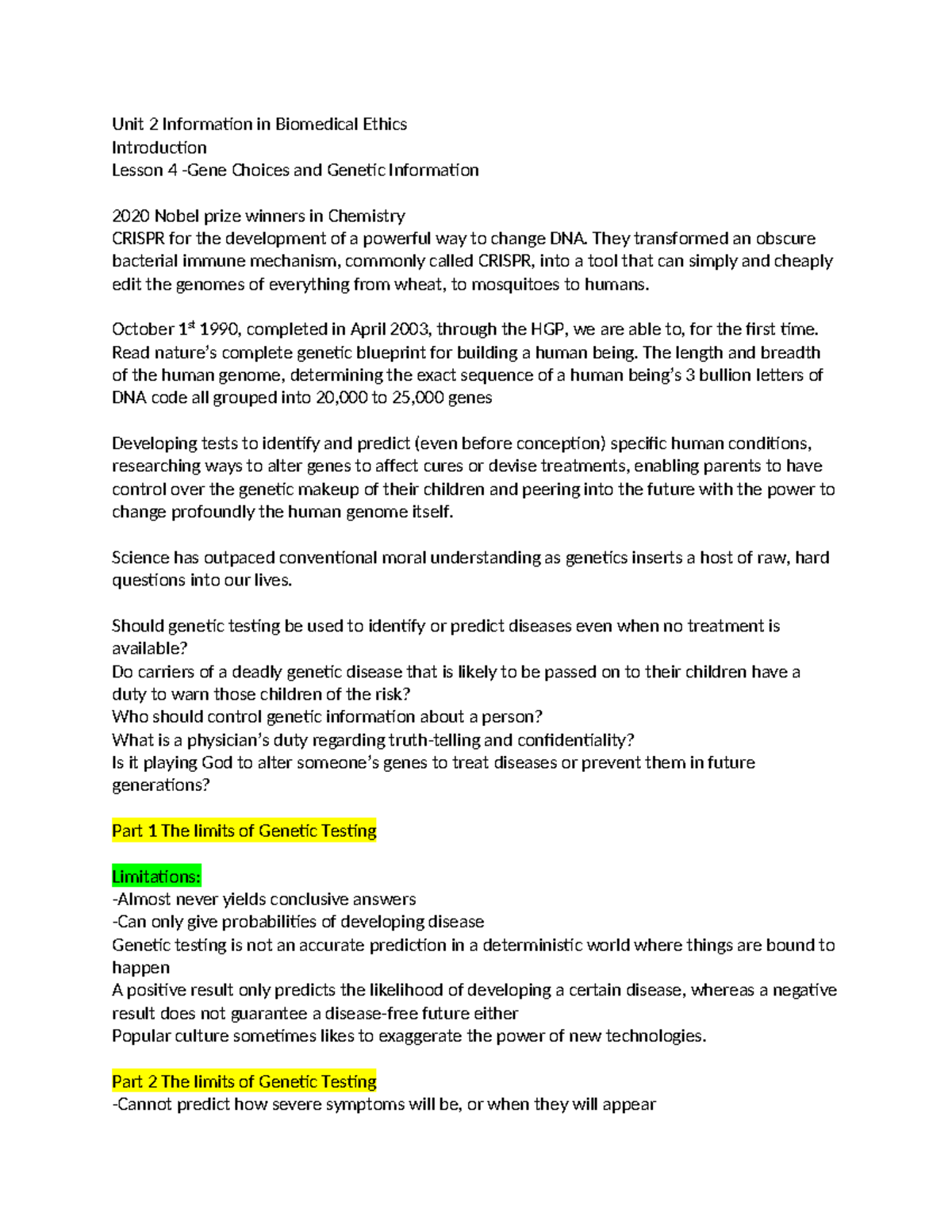 Biochem unit 2 - Notes on unit 2 - Unit 2 Information in Biomedical ...