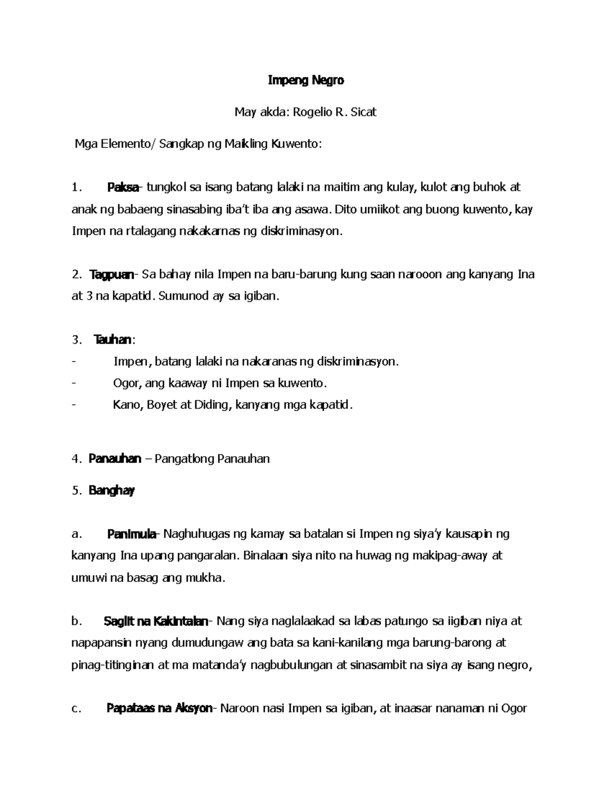 Fil-331 - Notes - Impeng Negro May akda: Rogelio R. Sicat Mga Elemento ...