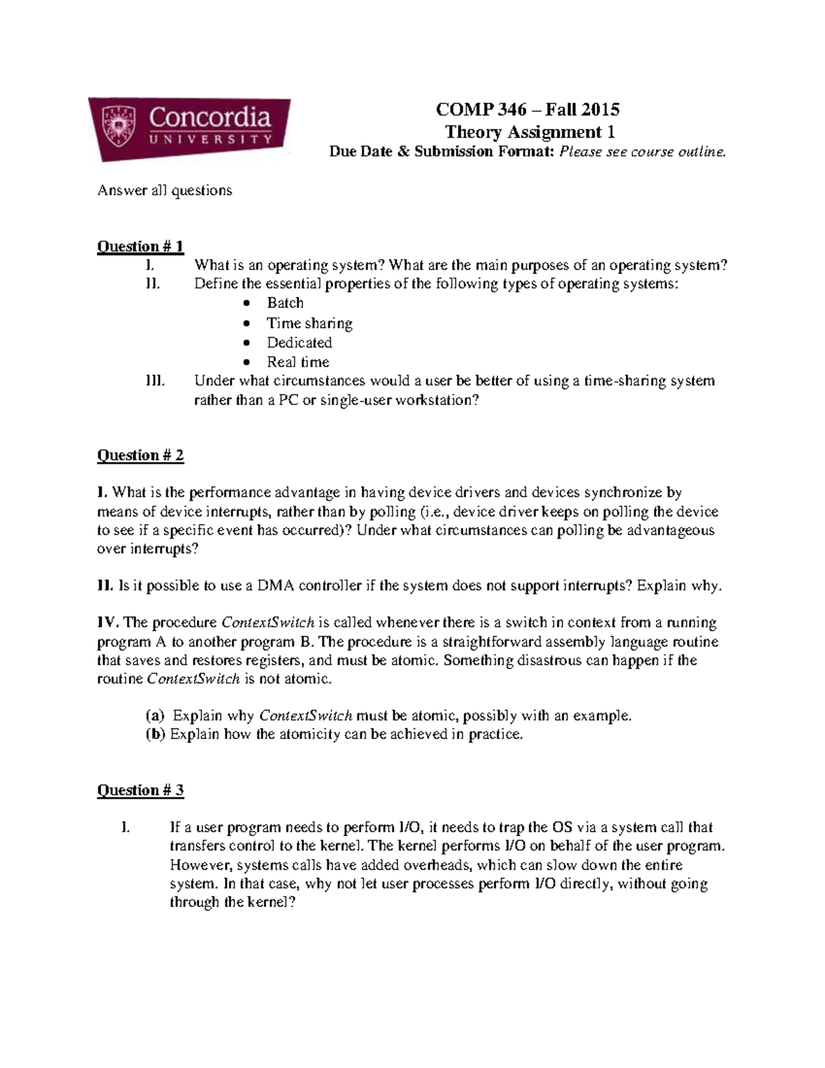 Comp 346 Theory Assignment F15 - COMP 346 – Fall 2015 Theory Assignment 1 Due Date & - Studocu