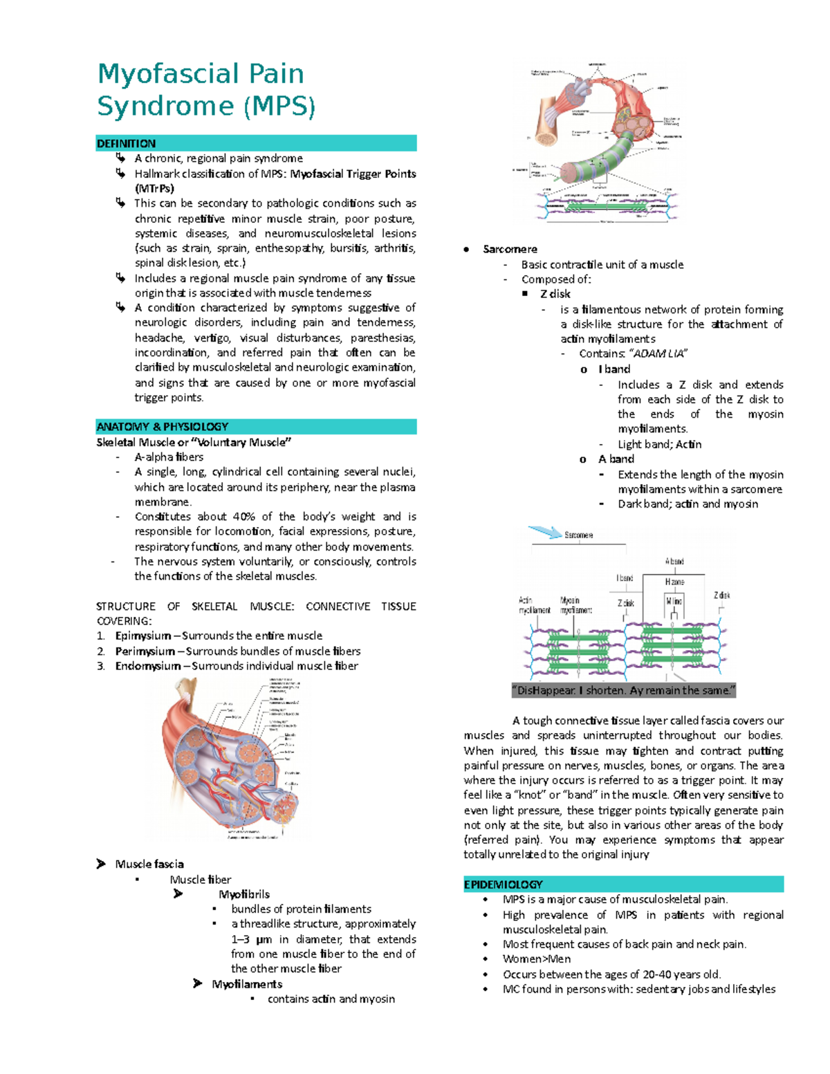 MPS - Lecture notes 4 - Myofascial Pain Syndrome (MPS) DEFINITION A ...