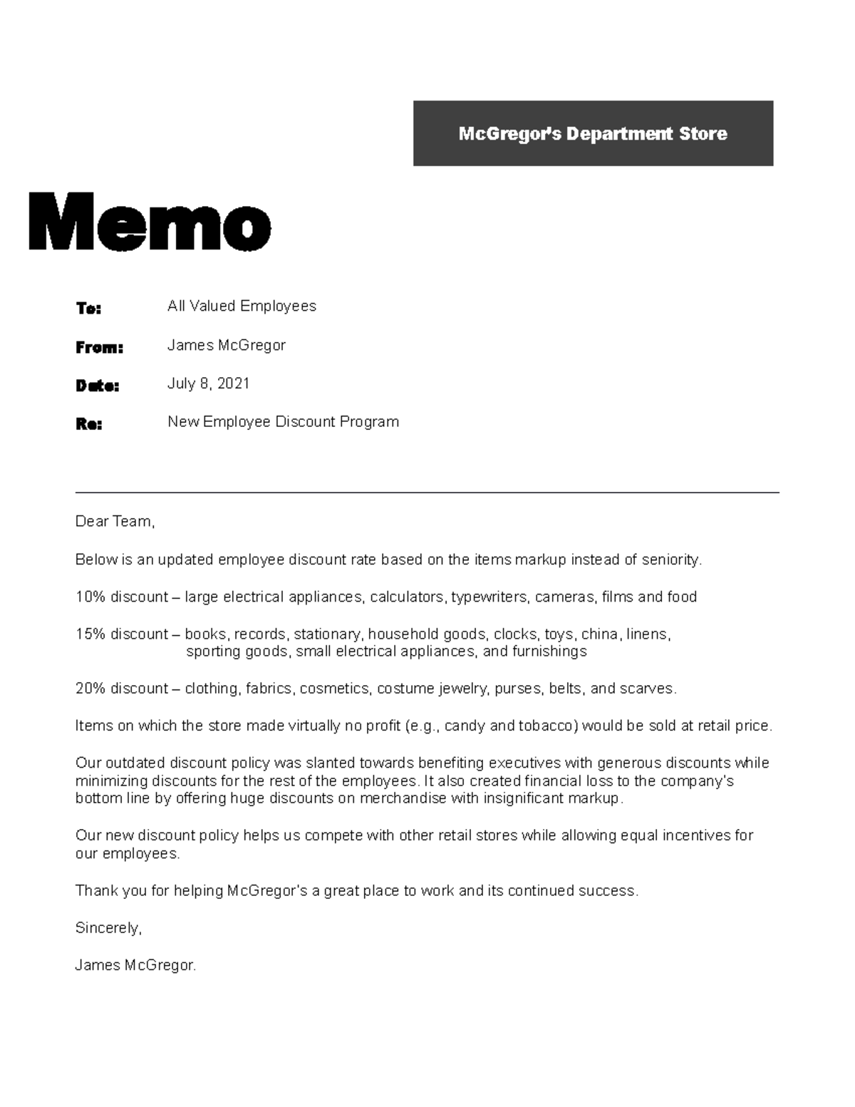 Wk 3 Mc Gregor's Ltd Dept Store Memo - McGregor’s Department Store Memo ...