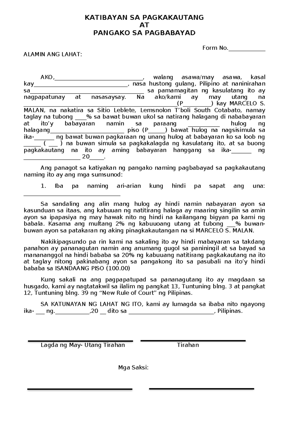 Katibayan SA Pagkakautang - KATIBAYAN SA PAGKAKAUTANG AT PANGAKO SA ...